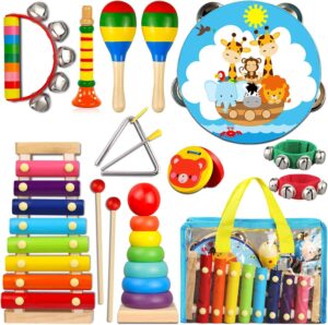 looikoos toddler musical instruments,wooden percussion instruments for baby kids preschool educational musical toys set boys and girls with carrying bag