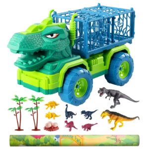 MAGICDINOSAUR Dinosaur Transport Truck for Kids 3-5, T-rex Vehicle Carrier Car Toys for Boys 3 4 5 6 7 Years Old, Truck Toy with Dino Figures & Play Mat, Gift for Toddlers Boys Girls