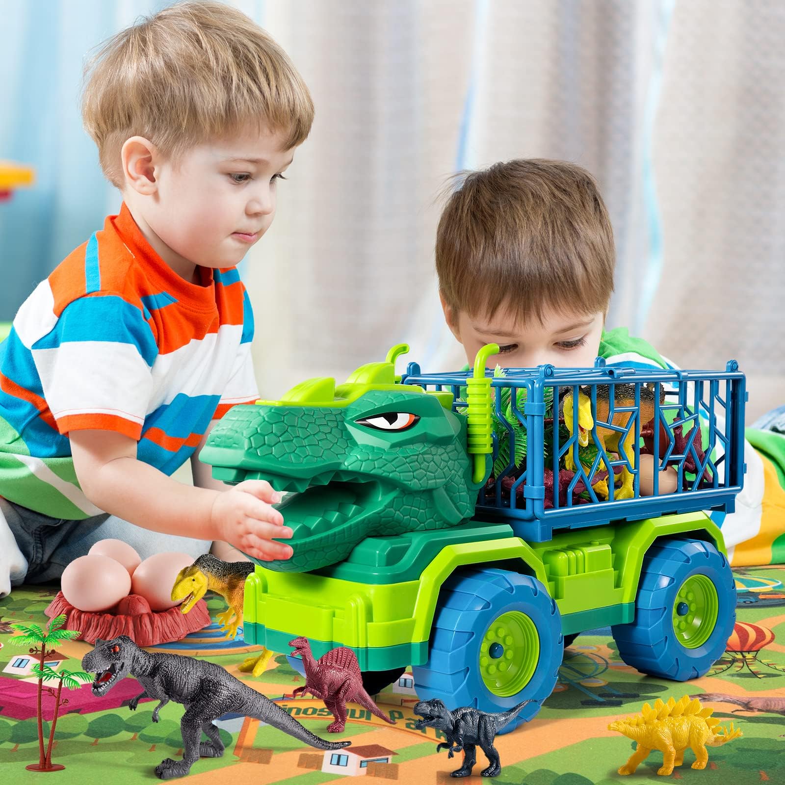 MAGICDINOSAUR Dinosaur Transport Truck for Kids 3-5, T-rex Vehicle Carrier Car Toys for Boys 3 4 5 6 7 Years Old, Truck Toy with Dino Figures & Play Mat, Gift for Toddlers Boys Girls