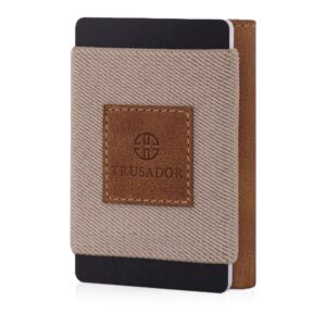 trusador rimini men & women minimalist small front pocket leather wallet elastic credit card holder (cognac)