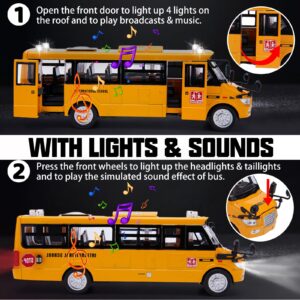 Crelloci School Bus Toy, Die Cast Pull Back 9'' Model Cars, with Lights & Sounds, Openable Doors, Large Yellow Metal Toy Vehicles, Play Bus for Boys Girls Kids Toddlers Ages 3+