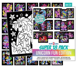 super pack of 18 fuzzy velvet coloring posters (unicorn fun edition) - great for family time, arts and crafts, travel, quiet time, sharing, parties [all ages: kids, girls, adults, toddlers, teens]