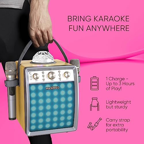 MASINGO Karaoke Machine for Adults and Kids with 2 Wireless Microphones, Portable Singing PA Speaker System Set with 2 Bluetooth Mics, Disco Ball Party Lights & TV Cable, Ostinato M7