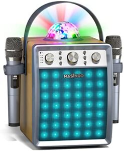 masingo karaoke machine for adults and kids with 2 wireless microphones, portable singing pa speaker system set with 2 bluetooth mics, disco ball party lights & tv cable, ostinato m7