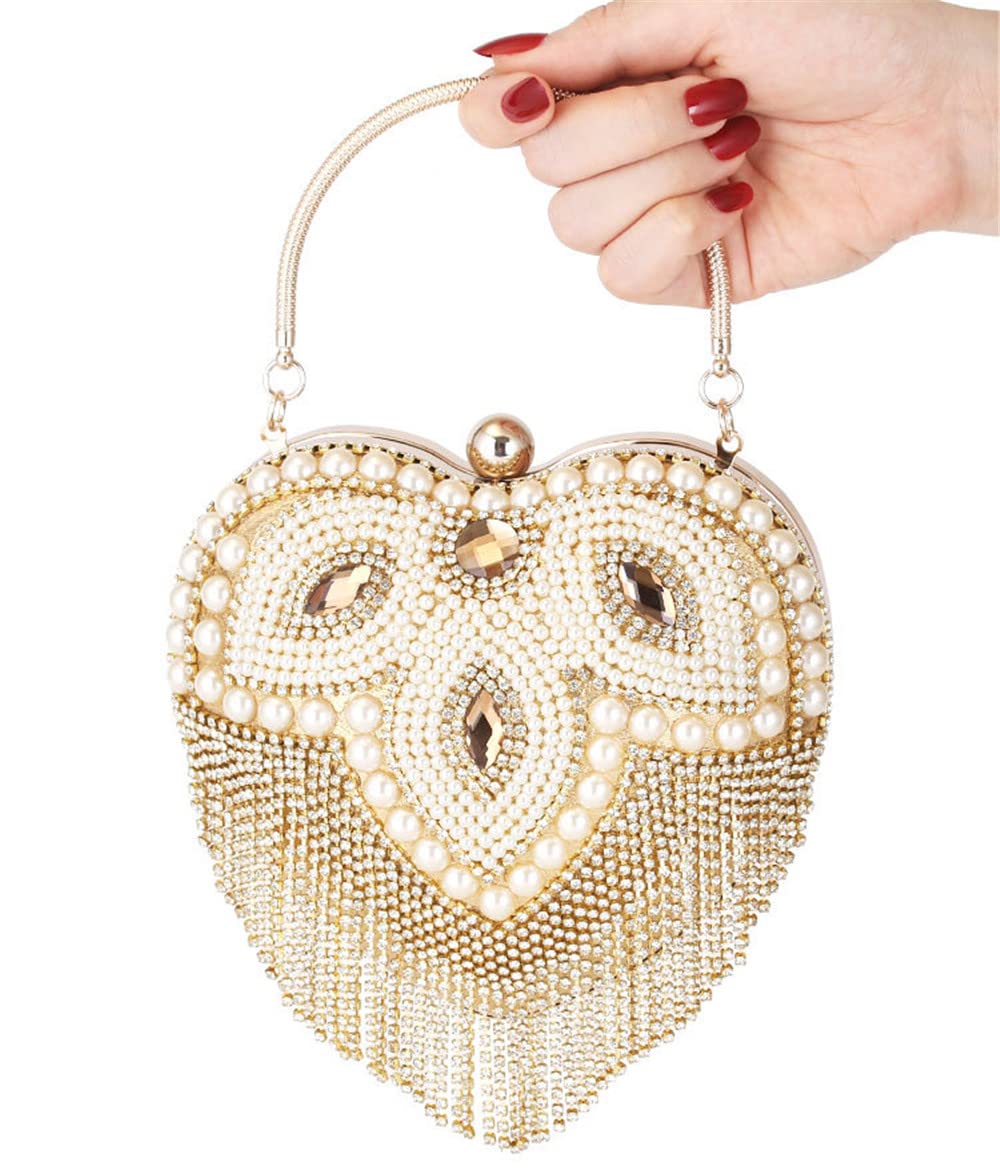 WANLIAN Women Luxury Cute Heart Shape Tassel Evening Clutch Bag Rhinestones Wedding Party Purse Handbag With Earrings Necklace(Gold7)