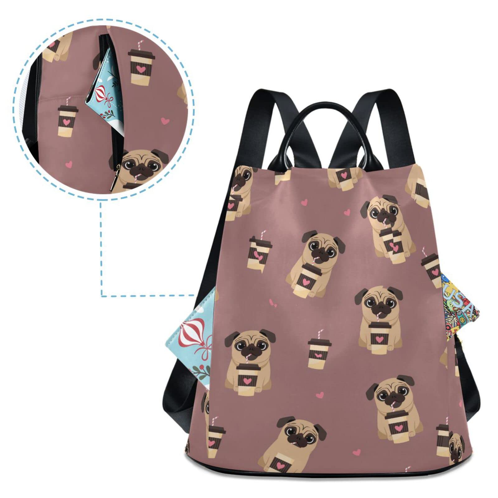 ALAZA Pug Dog Coffee Pattern Backpack Purse for Women Travel Casual Daypack College Bookbag Work Business Ladies Shoulder Bag