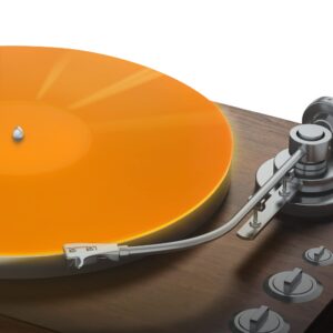 pro spin orange glow acrylic turntable mat - platter slipmat for 12" vinyl vintage record player - antistatic cover, reduces noise & sounds from static & dust - tighter bass quality, record player mat