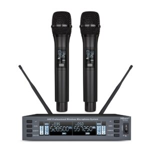 hiberr vocal wireless microphone, dual channel uhf wireless mic 2x60 adjustable frequencies, microphone wireless distance 300ft range, for singing, small concerts, dj performances(yu-e20) (yu-e20h)