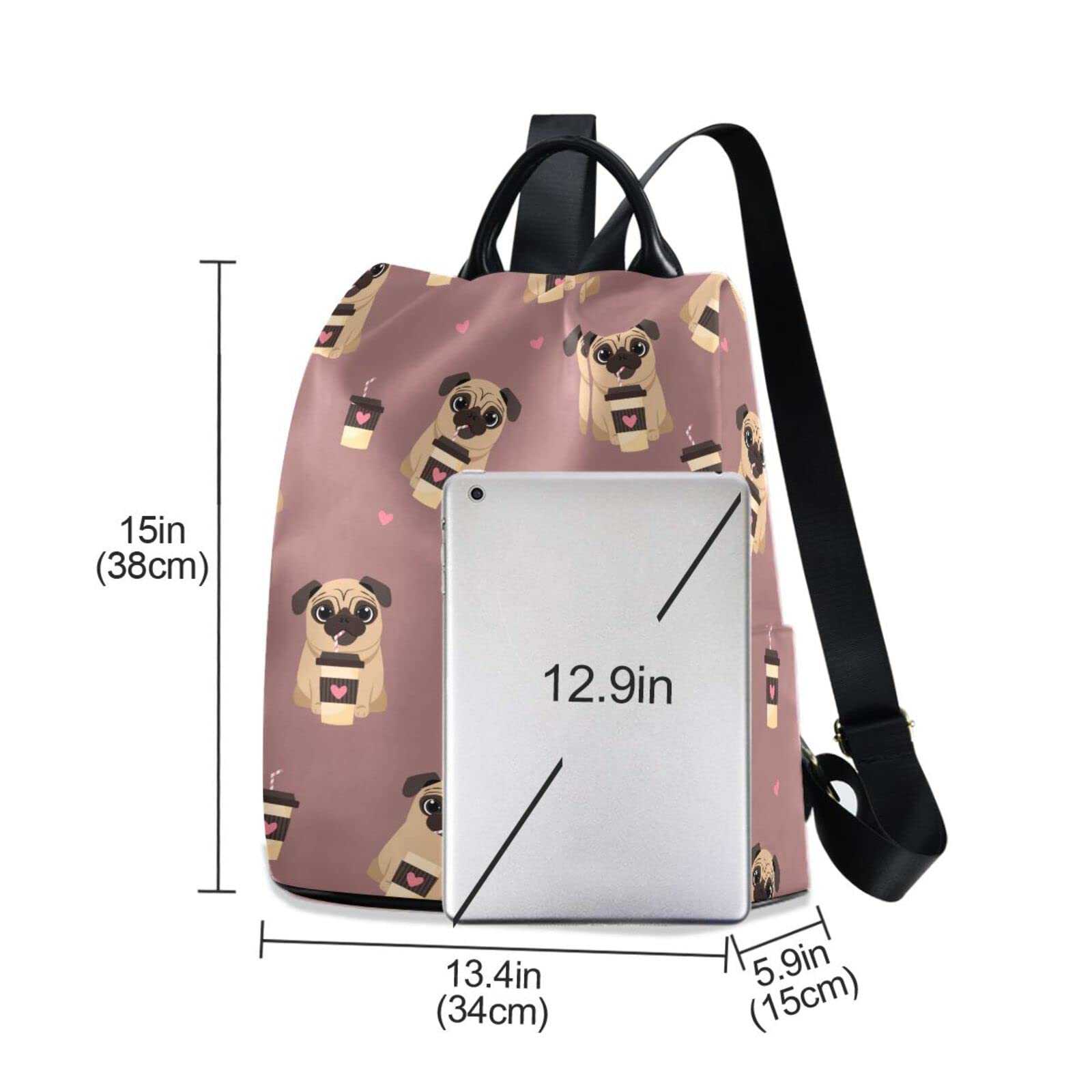 ALAZA Pug Dog Coffee Pattern Backpack Purse for Women Travel Casual Daypack College Bookbag Work Business Ladies Shoulder Bag