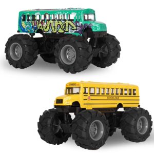 crelloci school bus monster truck toy - 2 pack set die cast yellow school bus toy, pull back car toys, big wheel monster truck play vehicles gifts for toddlers, kids, boys