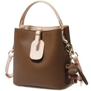 foxlover women's small split leather bucket bag lady handbag stylish hobo female bag purse (brown)