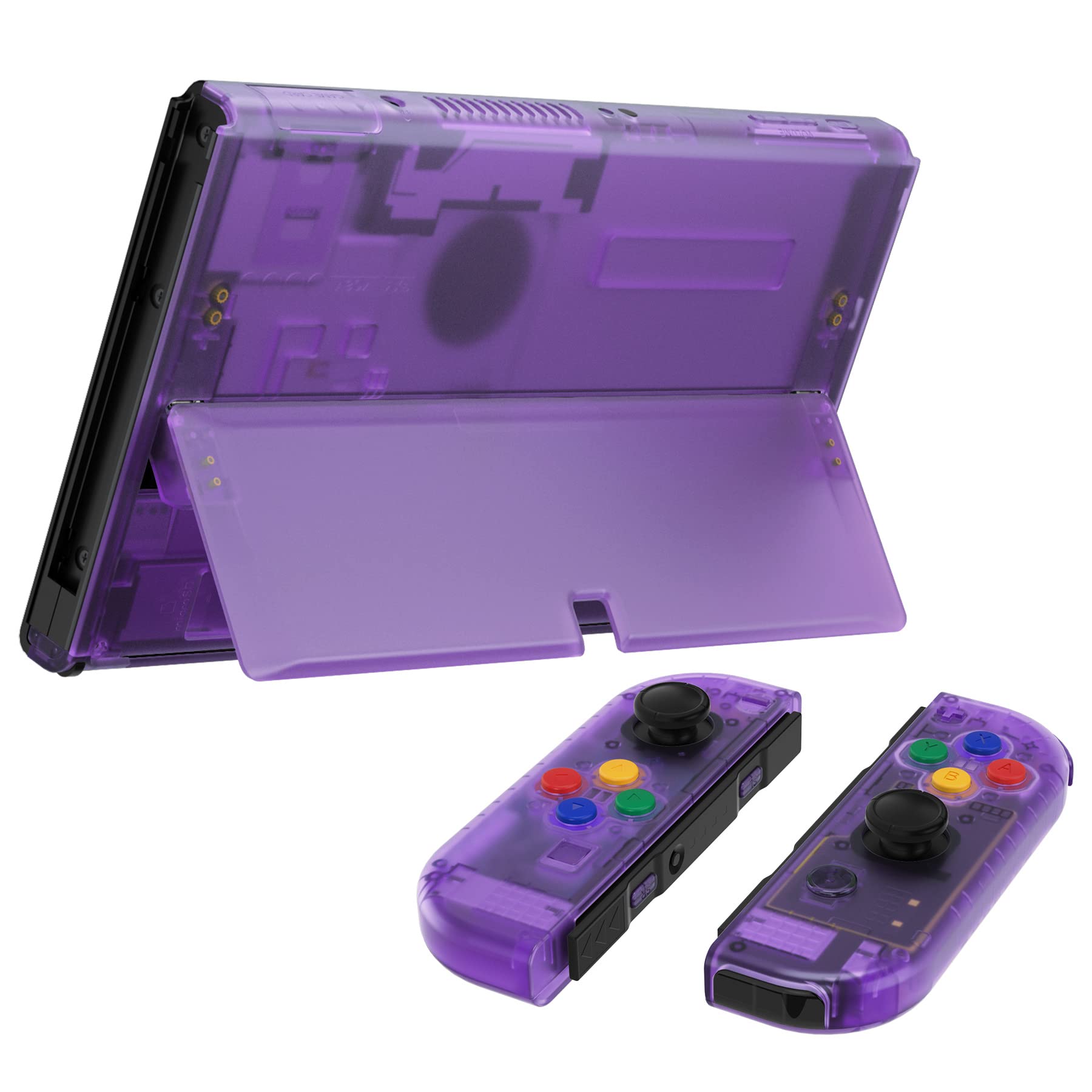 eXtremeRate DIY Full Set Shell for Nintendo Switch OLED, Replacement Console Back Plate & Kickstand, Custom NS Controller Housing with Full Set Buttons for Nintendo Switch OLED - Clear Atomic Purple