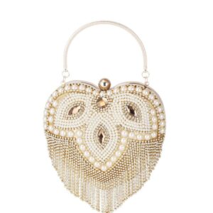 WANLIAN Women Luxury Cute Heart Shape Tassel Evening Clutch Bag Rhinestones Wedding Party Purse Handbag With Earrings Necklace(Gold7)