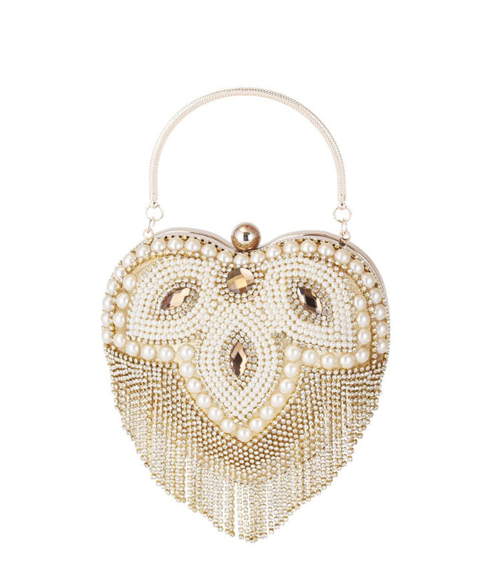 WANLIAN Women Luxury Cute Heart Shape Tassel Evening Clutch Bag Rhinestones Wedding Party Purse Handbag With Earrings Necklace(Gold7)