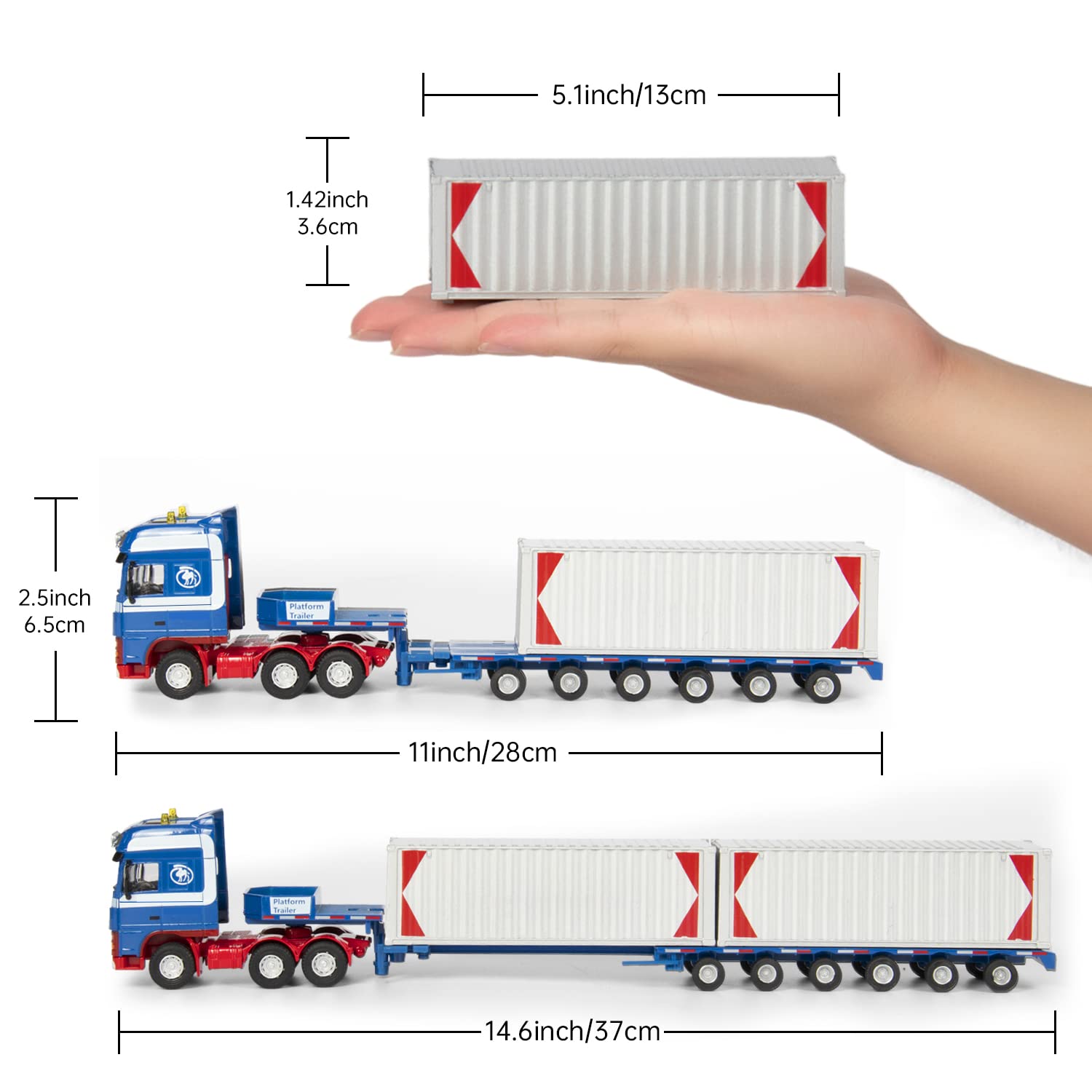 Semi Truck Toys - Fubarbar 1:50 Transport Carrier with Trailer, Double Decker Busfire Cyber Truck, 2 Openable Containers, Perfect for Boys, Toddlers, and Kids' Birthday Parties(Blue)