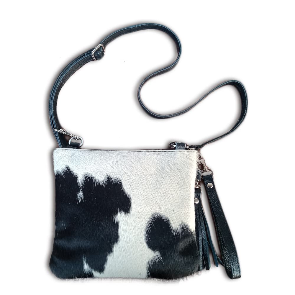 Cowhide Purse Crossbody Handbag Clutch Black White Cow Hide Hair on Calf Hide Leather Fur | Women Cowhide Crossbody Purse Bag Medium