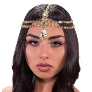 aularso layered head chain rhinestone head jewelry gold wedding headbands chain crystal fprehead headpieces for women (gold)