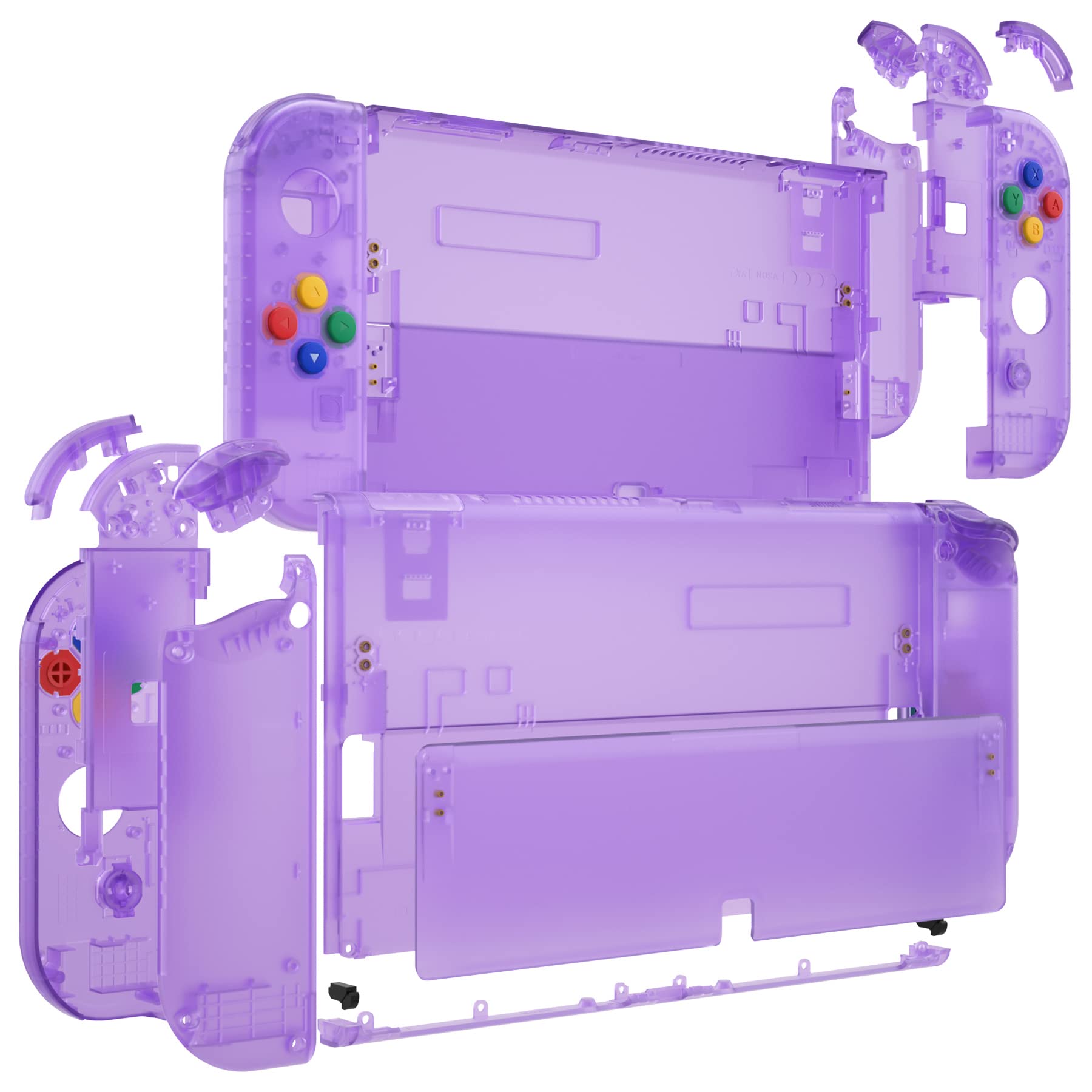 eXtremeRate DIY Full Set Shell for Nintendo Switch OLED, Replacement Console Back Plate & Kickstand, Custom NS Controller Housing with Full Set Buttons for Nintendo Switch OLED - Clear Atomic Purple