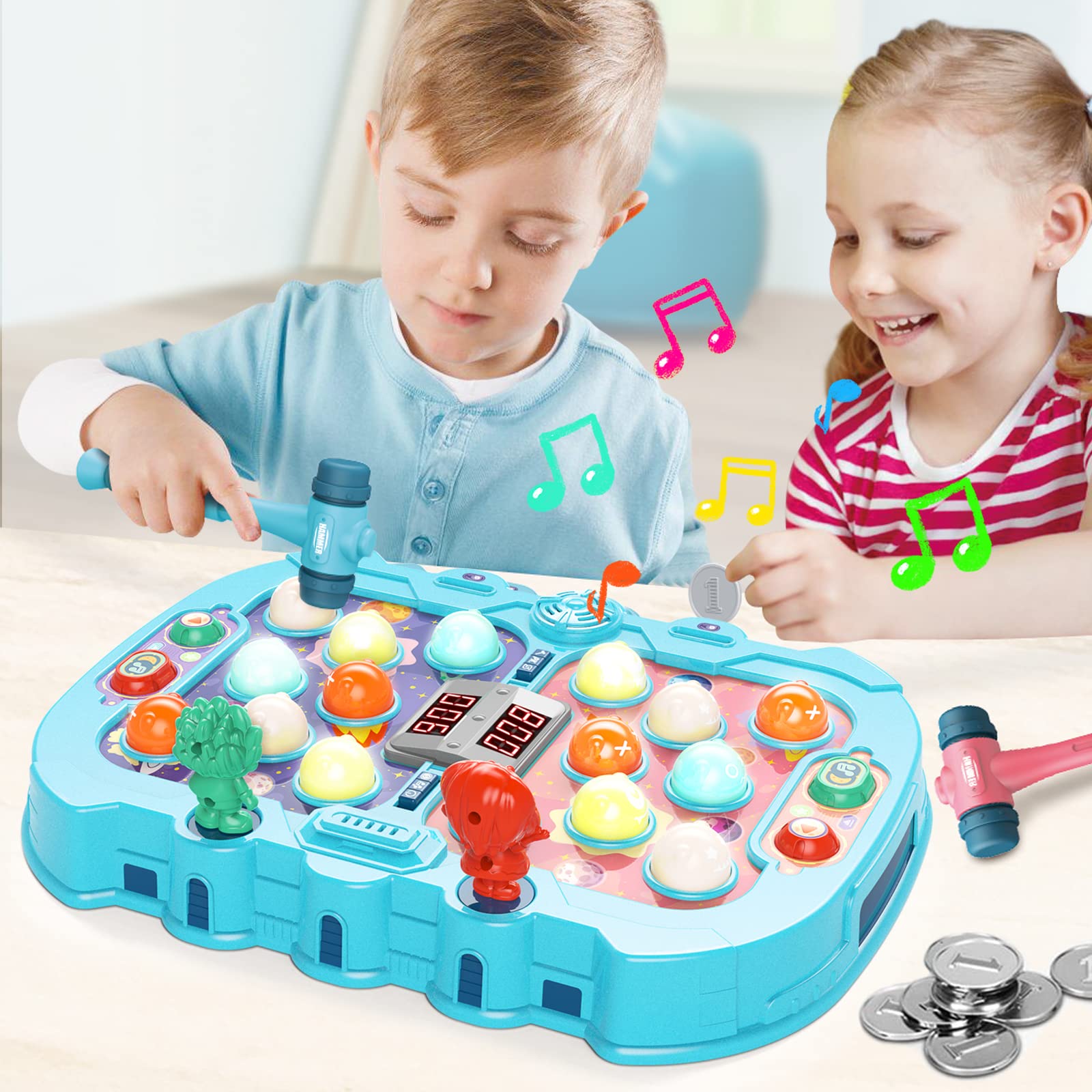 Whack A Mole Game for Toddlers, Pounding and Hammer Toys with Light and Sound, Pounding Toys for 3,4,5,6,7+ Kids, Whack A Mole Game for Kids, PK Mode with 2 Hammers (Blue)