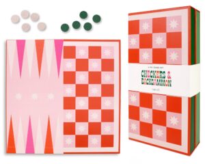 ban.do game night! 2-in-1 checkers and backgammon board, checkers board game and backgammon set for adults includes duo board, 30 checkers, 2 dice, pink/red