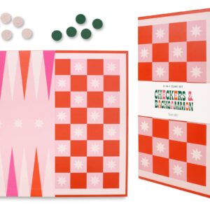 ban.do Game Night! 2-in-1 Checkers and Backgammon Board, Checkers Board Game and Backgammon Set for Adults Includes Duo Board, 30 Checkers, 2 Dice, Pink/Red