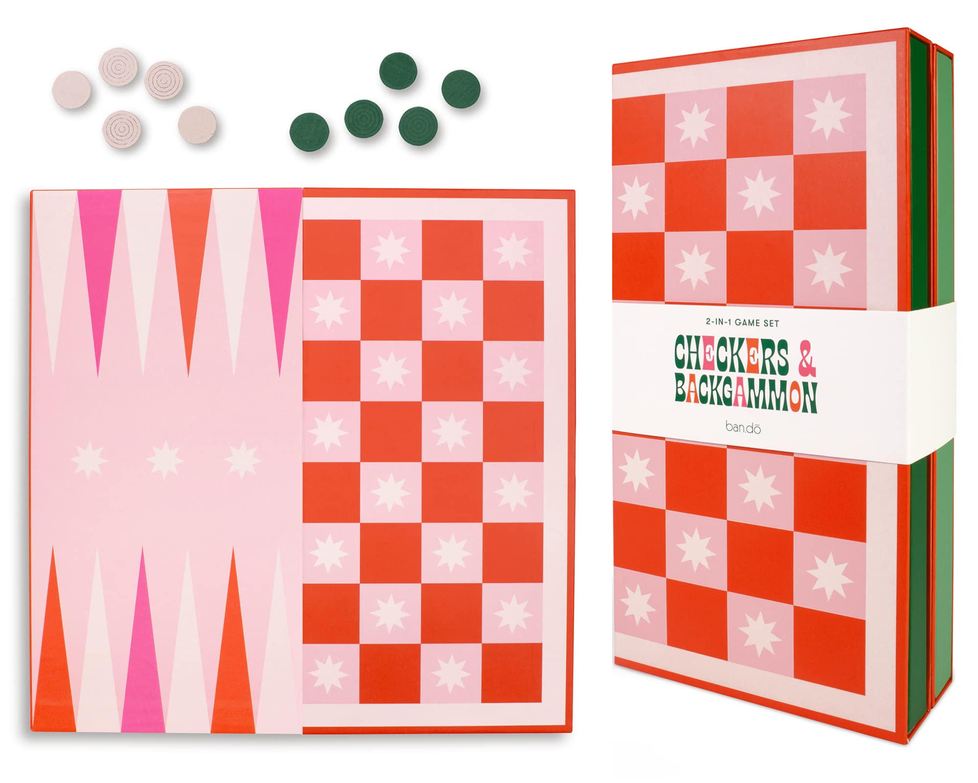 ban.do Game Night! 2-in-1 Checkers and Backgammon Board, Checkers Board Game and Backgammon Set for Adults Includes Duo Board, 30 Checkers, 2 Dice, Pink/Red