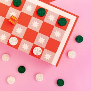 ban.do Game Night! 2-in-1 Checkers and Backgammon Board, Checkers Board Game and Backgammon Set for Adults Includes Duo Board, 30 Checkers, 2 Dice, Pink/Red