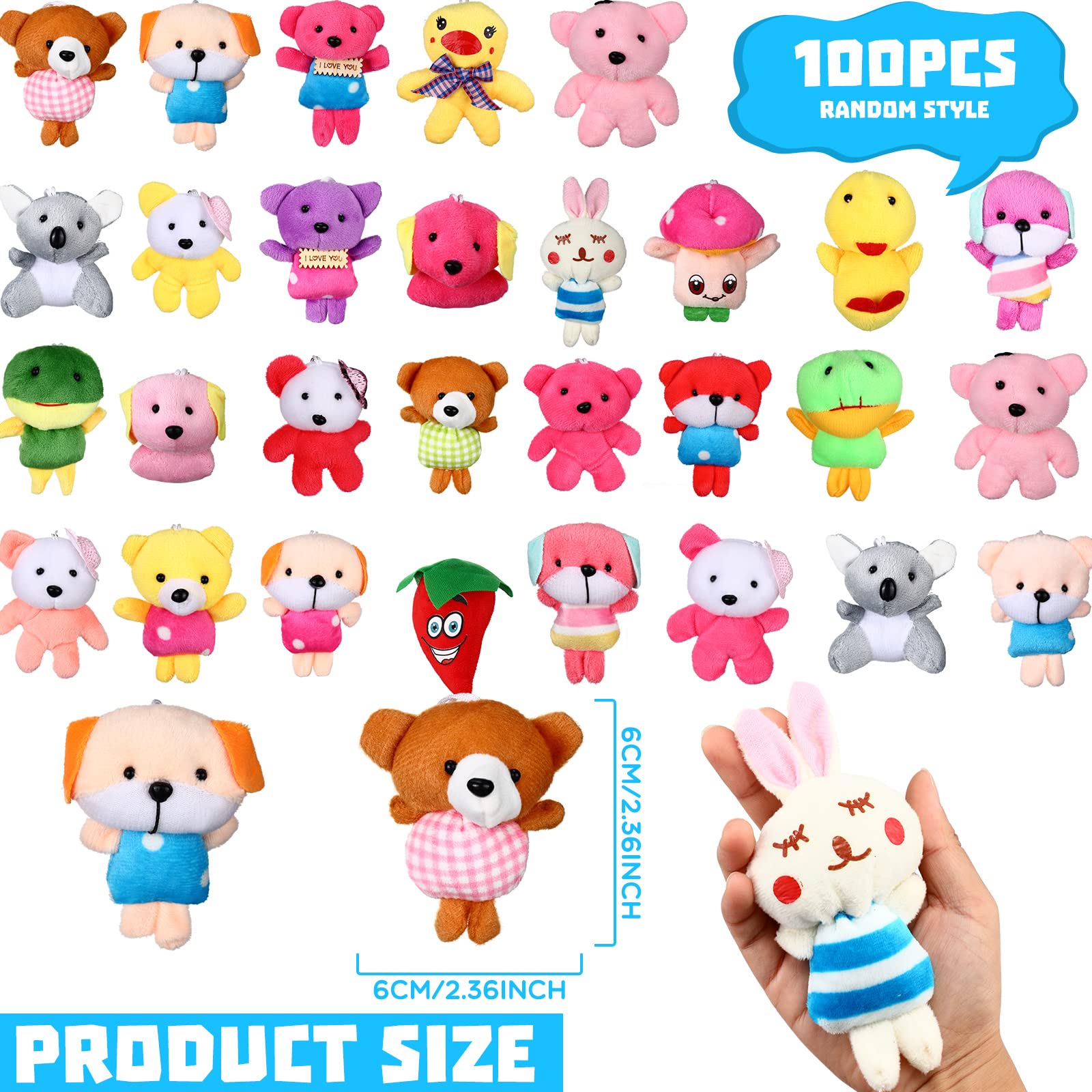 100 Pack Mini Plush Animals Toys Set Small Stuffed Animals Toys Small Animal Plush Keychain Set for Valentine Easter Party Carnival Prizes Classroom Rewards Goody Bags Filler, 27 Random Style