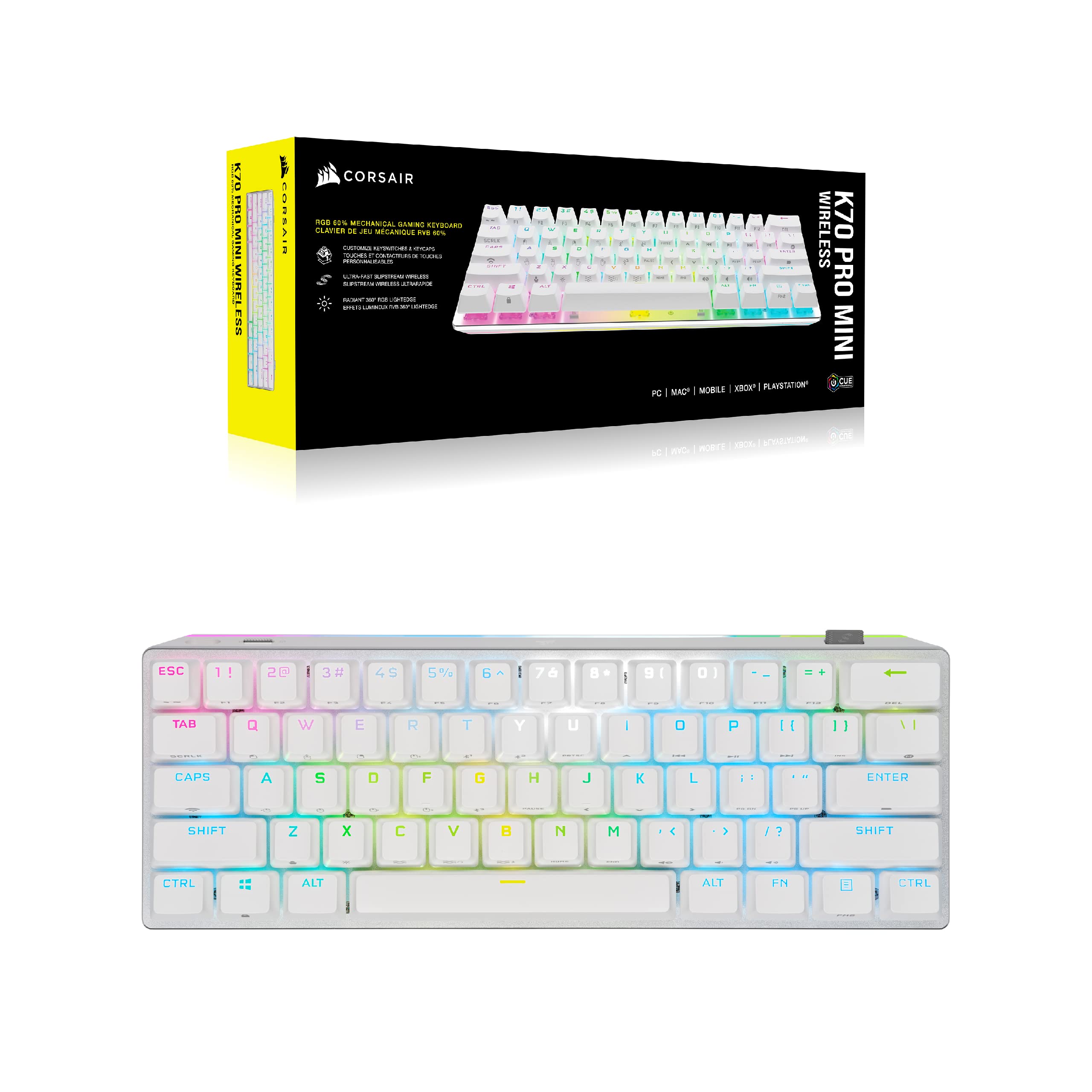 Corsair K70 PRO MINI WIRELESS RGB 60% Mechanical Gaming Keyboard - Fastest Sub-1ms Wireless, Swappable CHERRY MX Speed Keyswitches, Aluminum Frame, PBT Double-Shot Keycaps - NA Layout, QWERTY - White