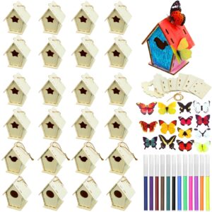 outus 24 pcs wooden birdhouse craft kits for kids to build, 4 shapes bird house kit wooden unfinished with watercolor pen and butterfly sticker for boy girl arts crafts bulk painting kits (vintage)