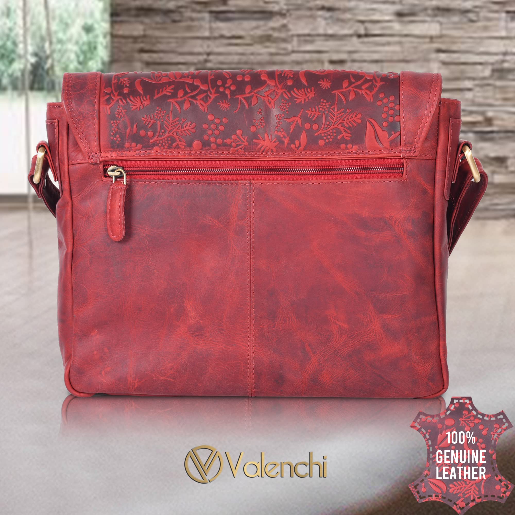 Genuine Leather Crossbody handbag with Elegant flower embossing on Leather-Classic Design (Red Vintage)