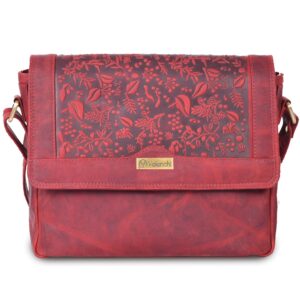 genuine leather crossbody handbag with elegant flower embossing on leather-classic design (red vintage)