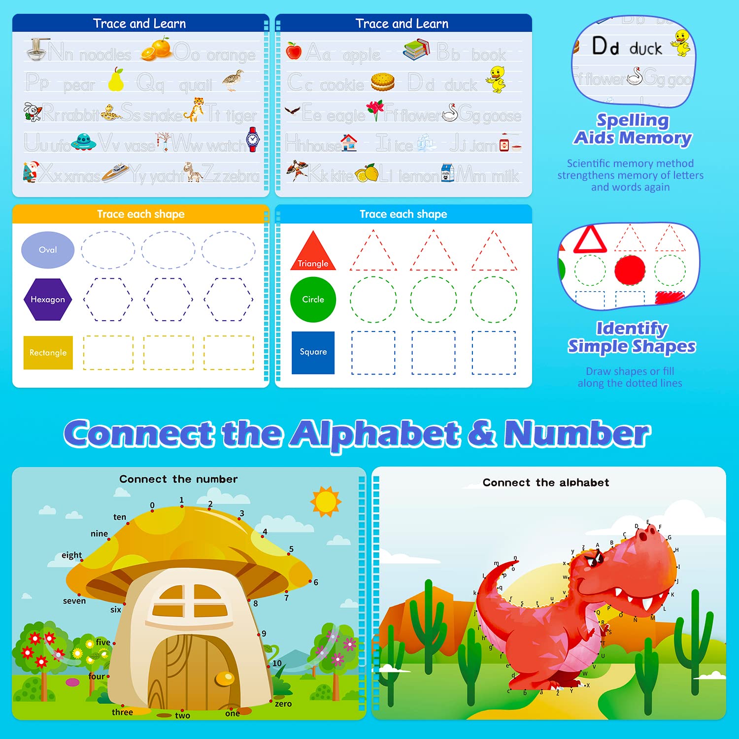 CALSPY 55 Pages Preschool Learning Activities Book+ 8 Dry Erase Markers- Montessori Handwriting Practice Alphabet Numbers Tracing Workbook for Kids Kindergartens Gifts Easter Valentines Children's Day