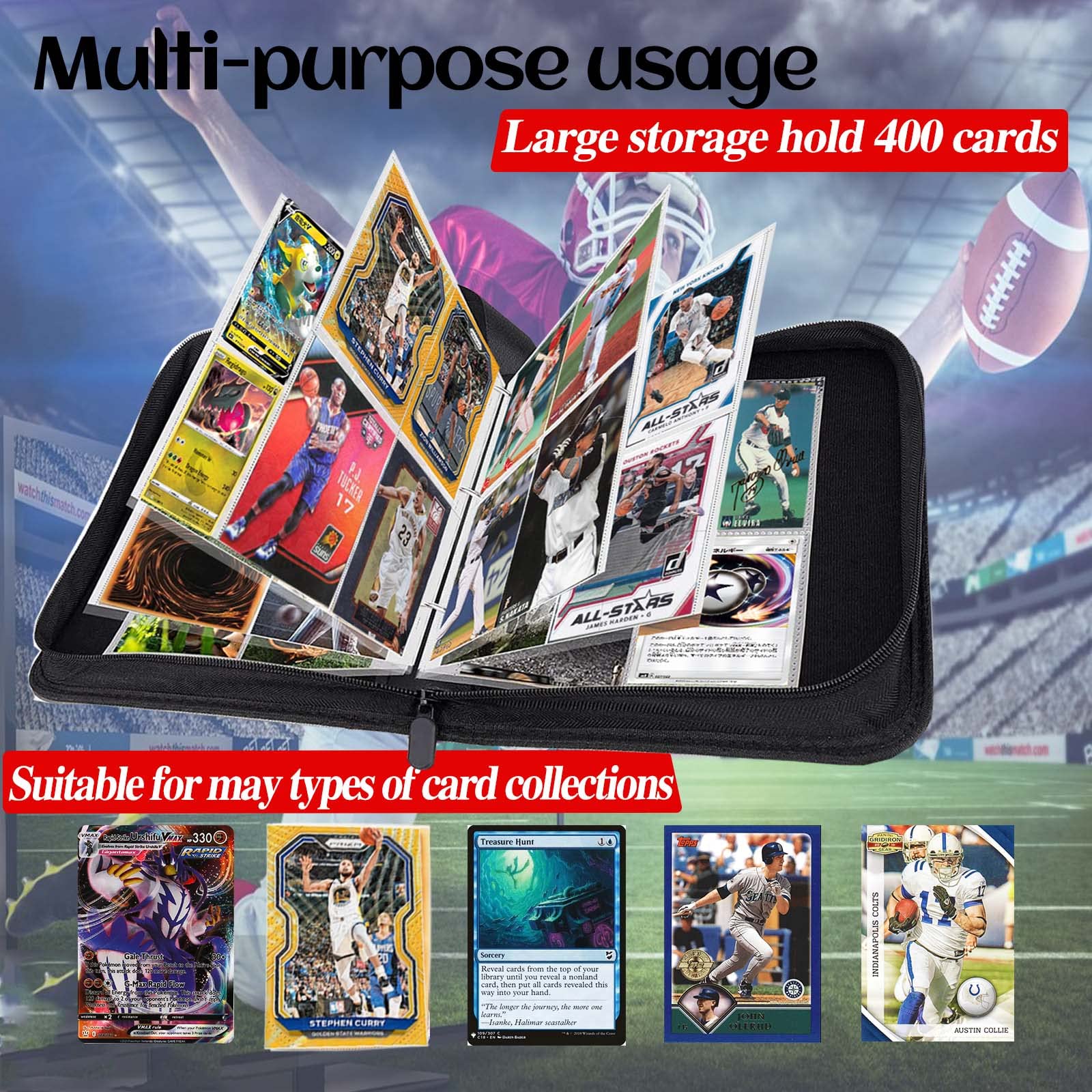 PKMLIFE Football Card Binder, 4 Pocket Baseball Trading Card Binder Storage Protectors, Card Holder Sleeves for Sports Cards and Basketball and Hockey Cards, 50 Pages Put up to 400 Cards (Football)