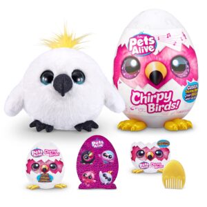 pets alive chirpy birds (white cockatoo) by zuru, electronic pet that speaks, giant surprise egg, stickers, comb, fluffy clay, bird animal plush for girls