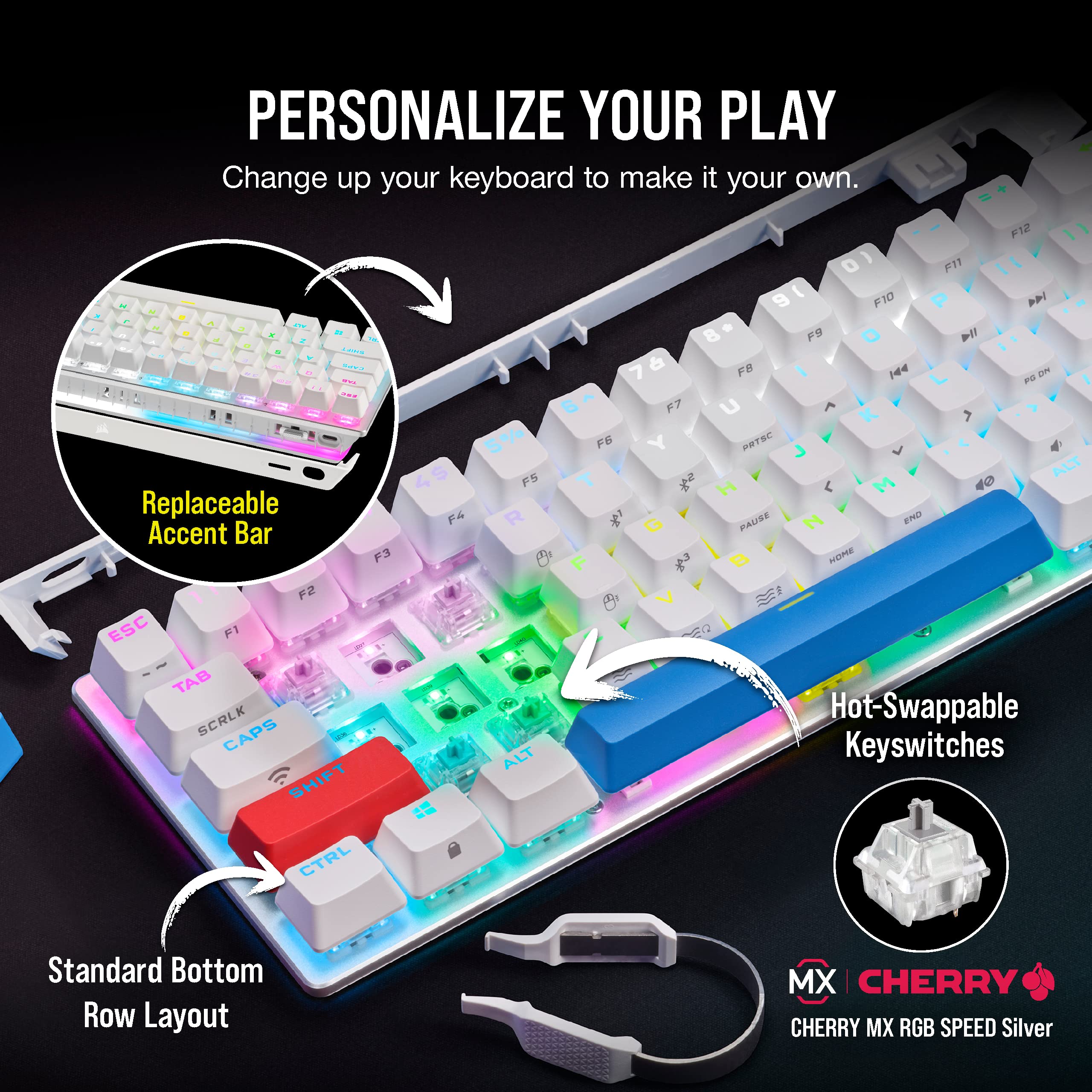 Corsair K70 PRO MINI WIRELESS RGB 60% Mechanical Gaming Keyboard - Fastest Sub-1ms Wireless, Swappable CHERRY MX Speed Keyswitches, Aluminum Frame, PBT Double-Shot Keycaps - NA Layout, QWERTY - White