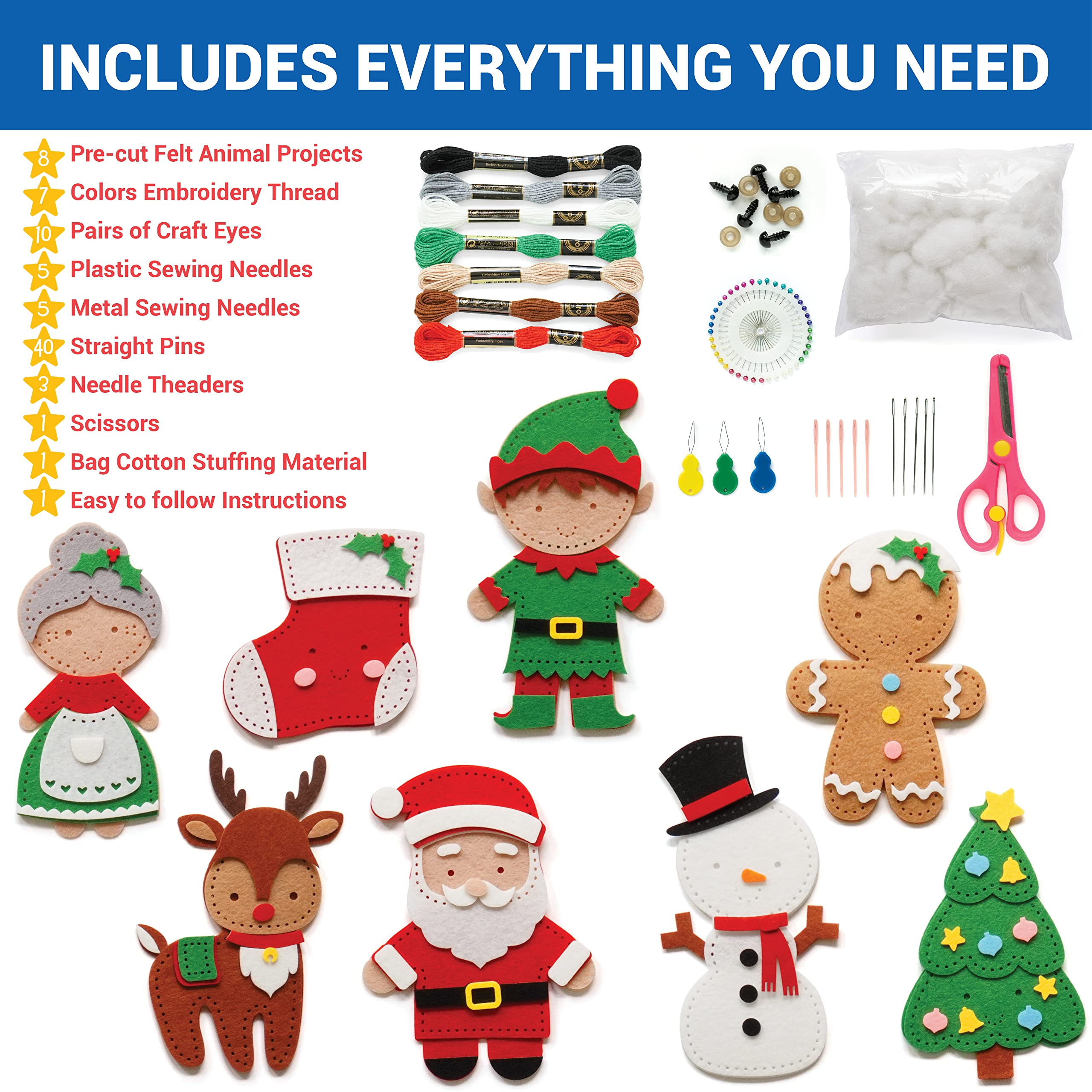 Craftorama Sewing Kit for Kids, Fun and Educational Christmas Craft Set for Boys and Girls Age 7-12, Sew Your Own Felt Christmas Set Craft Kit for Beginners, 165 Piece Set