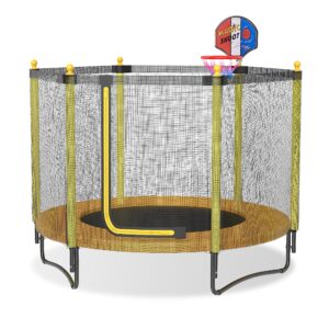 kids trampoline with safety enclosure net, 5ft toddler indoor & outdoor trampoline/w basketball hoop for boys and girls age 1-8