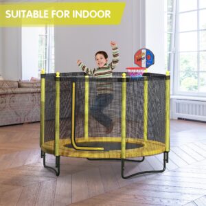 Kids Trampoline with Safety Enclosure Net, 5FT Toddler Indoor & Outdoor Trampoline/w Basketball Hoop for Boys and Girls Age 1-8