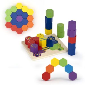 hexablox toddler puzzles 17pcs - wooden stacking blocks - montessori wooden toddler toys for 1+ year old boys girls - multi use toy, color sorting toys for toddlers 1-3, building blocks - butterfly