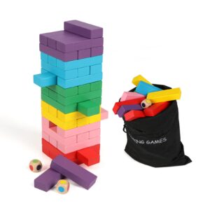 canuan wooden blocks stacking games, 48pcs tumbling stacking blocks game for kids and families, wood colorful balancing blocks montessori toys for kids with storage bag