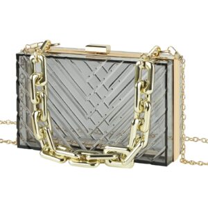 acrylic purse box for women, v shape evening clear clutch shoulde bag, transparent handbag crossbody bag with thick handle metal chain for party prom concert wedding, grey