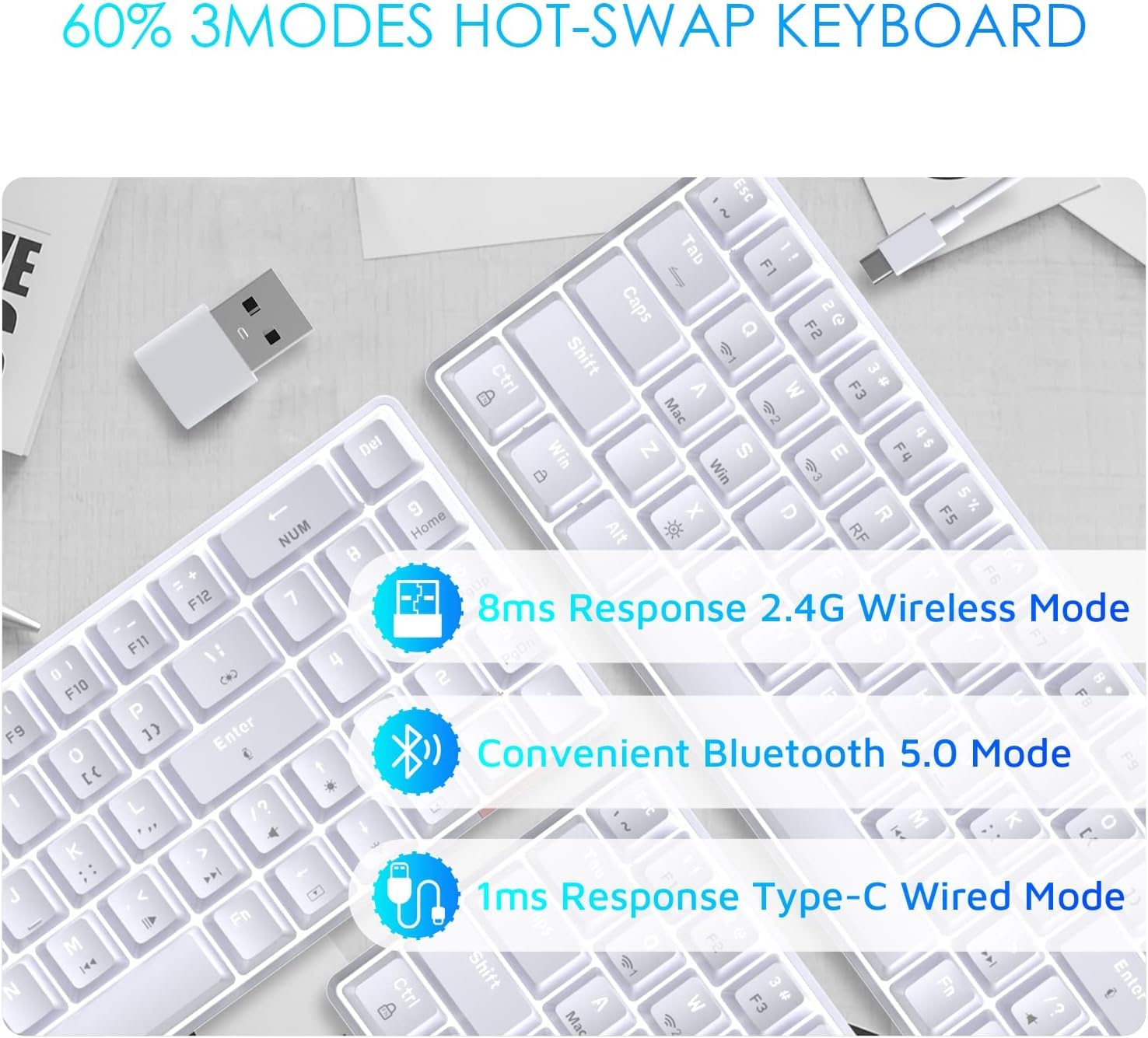 A.JAZZ AK692 Compact Hot-Swappable Wireless Number Pad Mechanical Gaming Keyboard 5.0 Bluetooth Type C Wired Mode 4000 mAh Rechargable Light up for Mac Laptop IP ad PC Phone PS4 Gamer Office - White