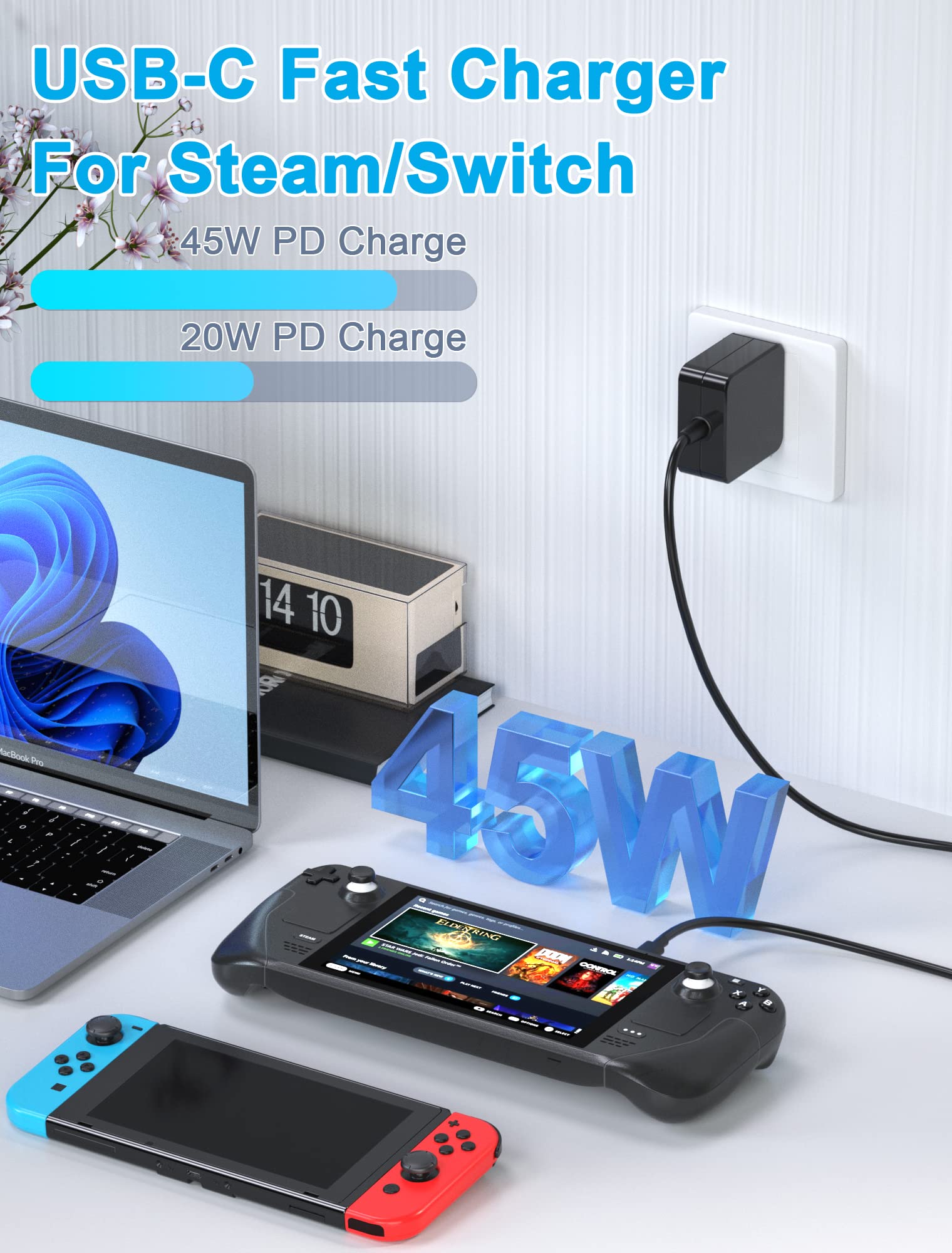 Feirsh 45W Charger for Steam Deck and Switch, AC Adapter Steam Charger Fast USB-C Steam Power Adapter for Nintendo Switch/Lite/OLED/Xbox Controller/Phone with 5.9FT USB Type C Cable