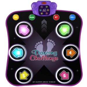 flooyes dance mat toys for 3-12 year old kids, electronic dance pad with light-up 6-button wireless bluetooth, music dance with 5 game modes, birthday toys gifts for 3 4 5 6 7 8 9 10+ year old girls