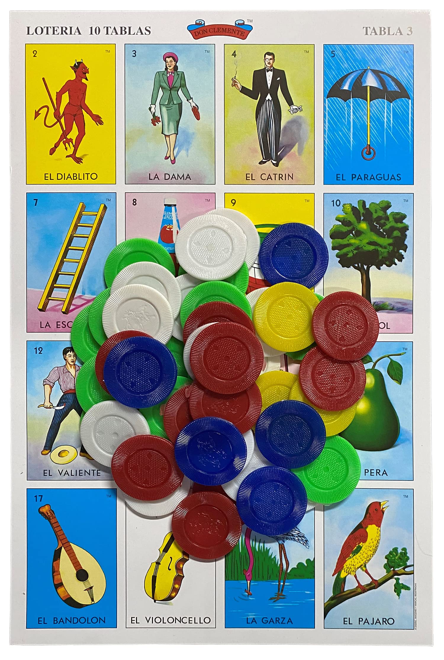 Loteria Mexicana Tradicional Jumbo Don Clemente 10 Jugadores 100 Fichas Poker - Jumbo Size Mexican Bingo Set with 100 Plastic Chips for 10 Players Board Game