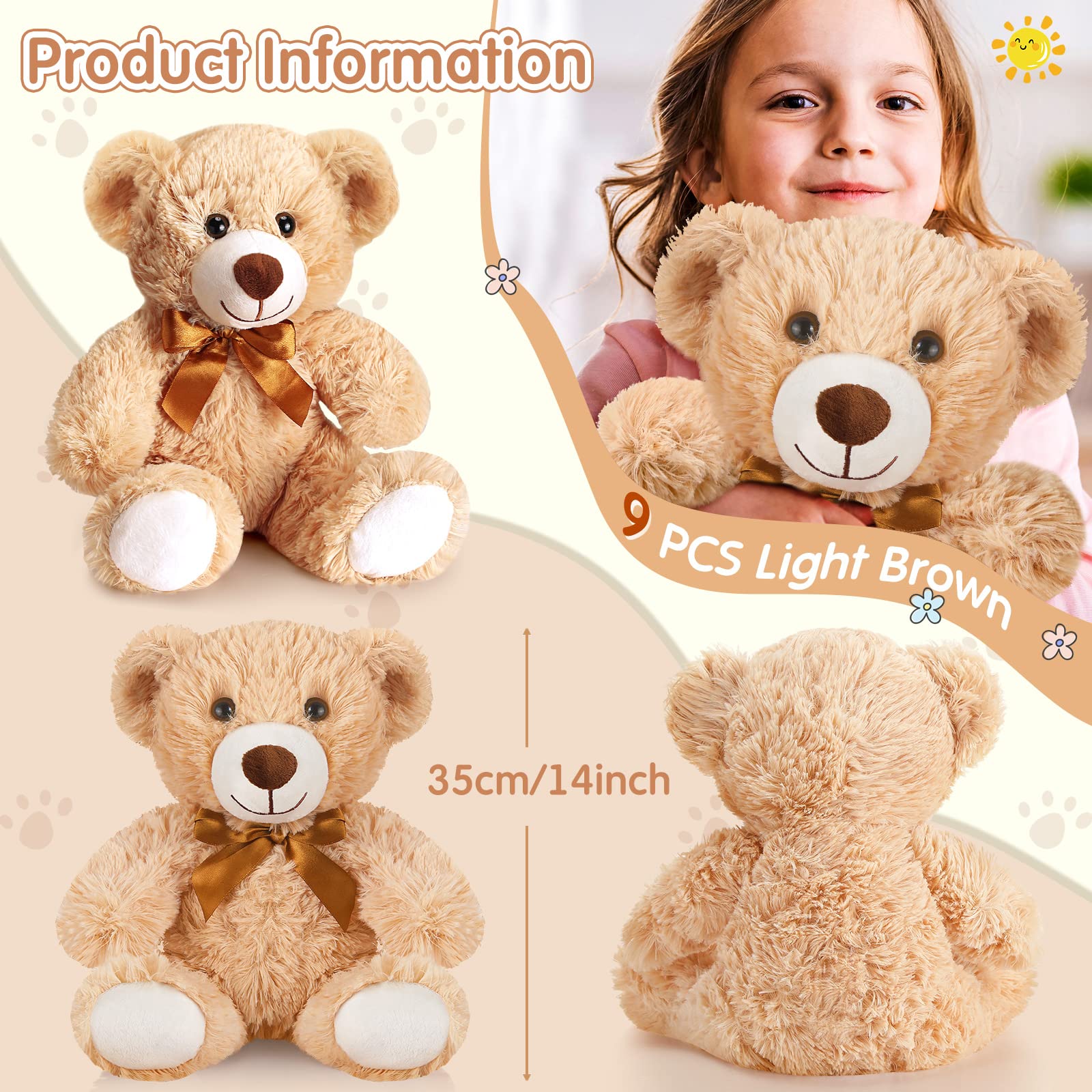 HyDren 9 Pcs 14 Inch Wedding Gift Bear Stuffed Animals Bears Soft Plush Bears Cute Bears Dolls for Baby Shower Birthday Valentine Gift Home Decoration (Light Brown)