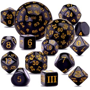 austor 15 pieces complete polyhedral dice set d3-d100 game dice set with a leather drawstring storage bag for role playing table games(black & yellow)