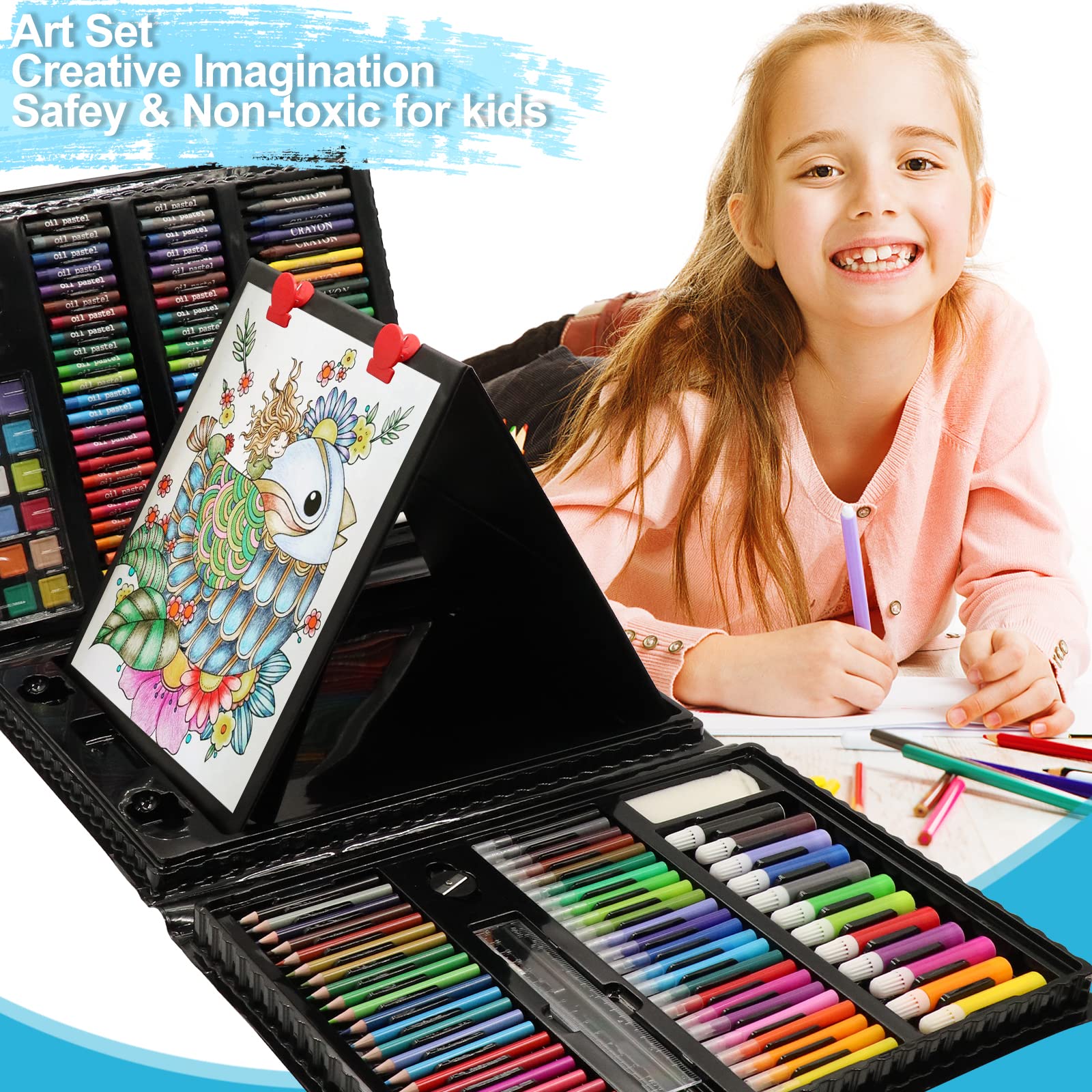 Florarich Art Supplies Set for Kids, 274 PCS Drawing Art Kits for Kids 6-9-12 Girls Boys, Double Sided Trifold Easel, with Oil Pastels, Crayons, Colored Pencils, Sketch Pad