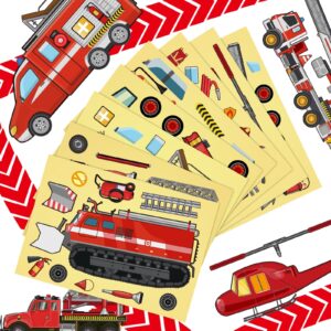 48 Sheets Truck Party Favors Make Your Own Truck Stickers Kits Bulk with 8 Designs Firefighter Red Pickup Patient Trucks Emergency Vehicle for Kindergarten, Festival Present (Fire Engine)